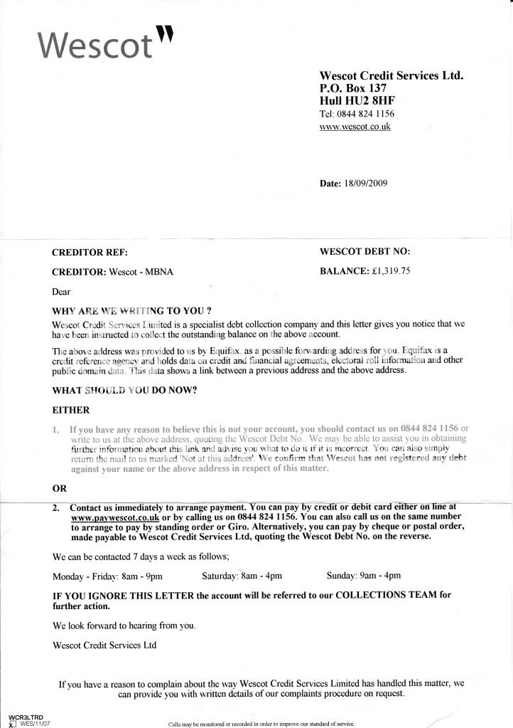 UpToTheNeck v Wescot/MBNA - Debt Collection Agencies - National ...